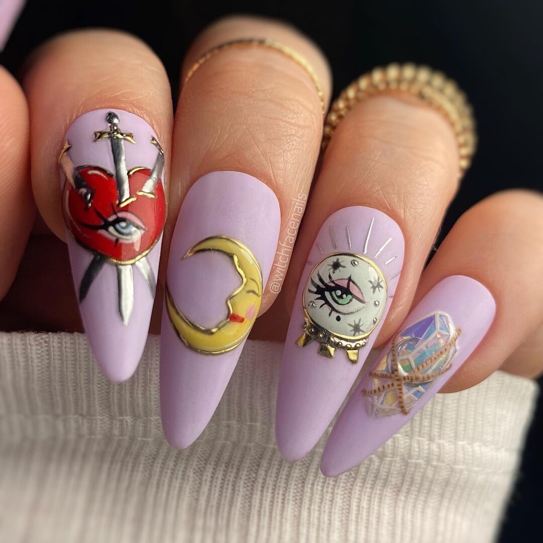 Press on Nails, Hand Painted, Sacred Heart, Pastel, Moon Sun, Witchy ...