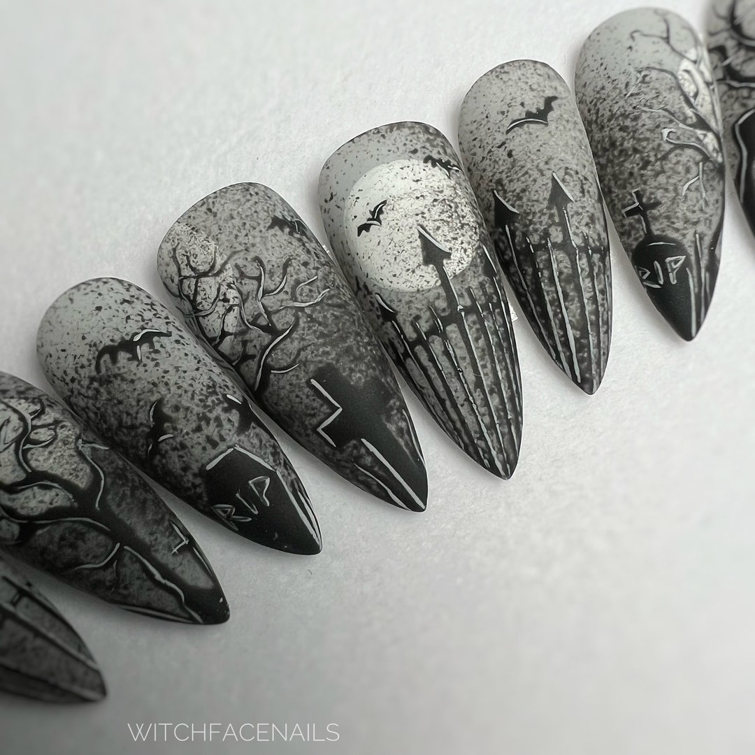 Black, Grey Press on Nails, Halloween, Spooky, Graveyard, Tombstones ...