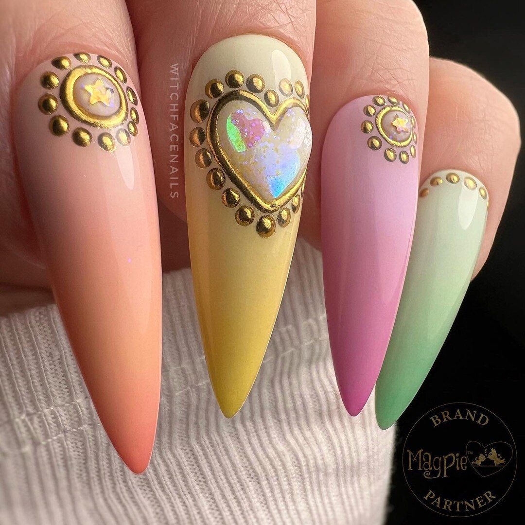 Neon Pastel Ombré Press on Nails, 3D, Iridescent, Hearts, Stars, Chrome ...