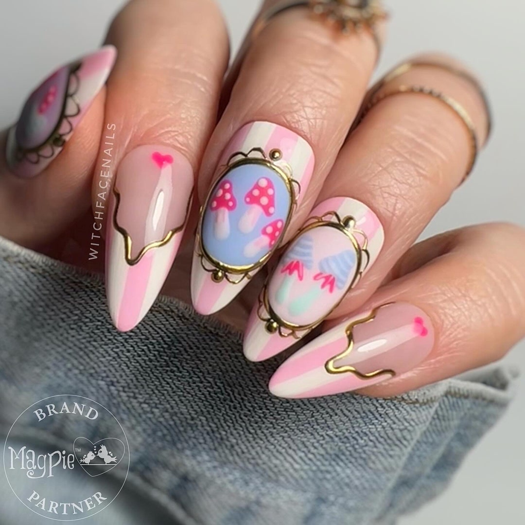 Press on Nails, Pink Pastel Neon, Fairycore, Cottage Core, Short ...