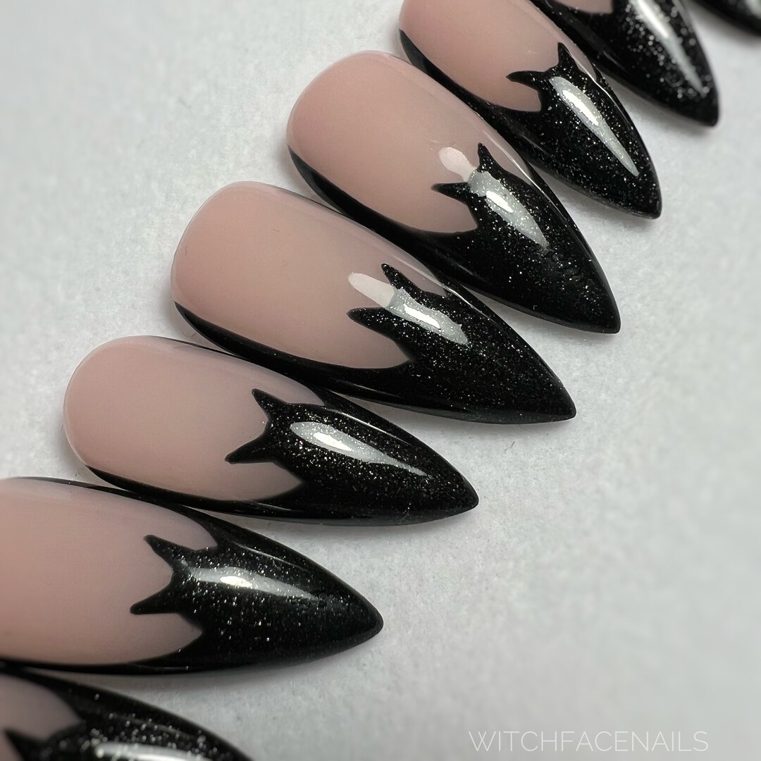 Black Bat Press on Nails, Glitter Shimmer French Nails, Bats, Halloween ...