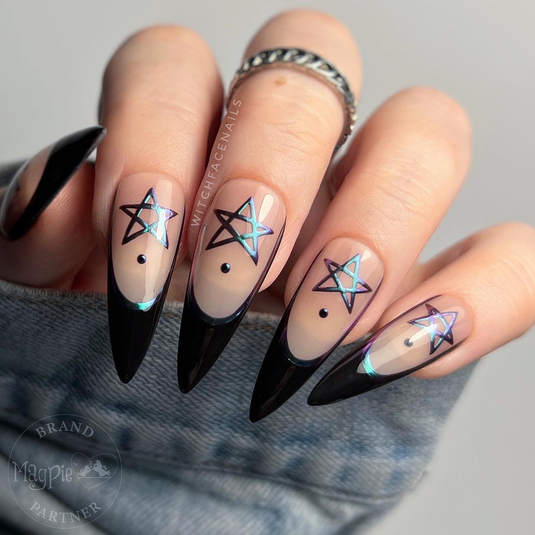 Press on Nails, Black French Tips, Pentagram Nails, Gothic Nails, Pagan ...