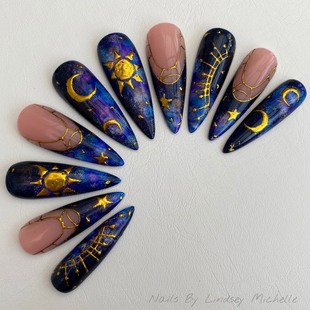 Press on Nails, Blue Celestial, Sun and Moon, Witchy, Gold, French ...