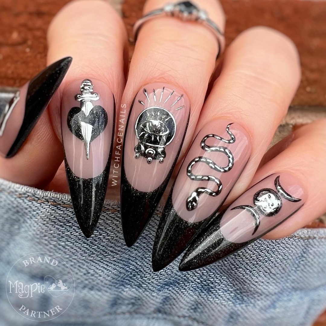 Witchy Press on Nails, Black Glitter, Hand Painted Tarot Card, Snake ...