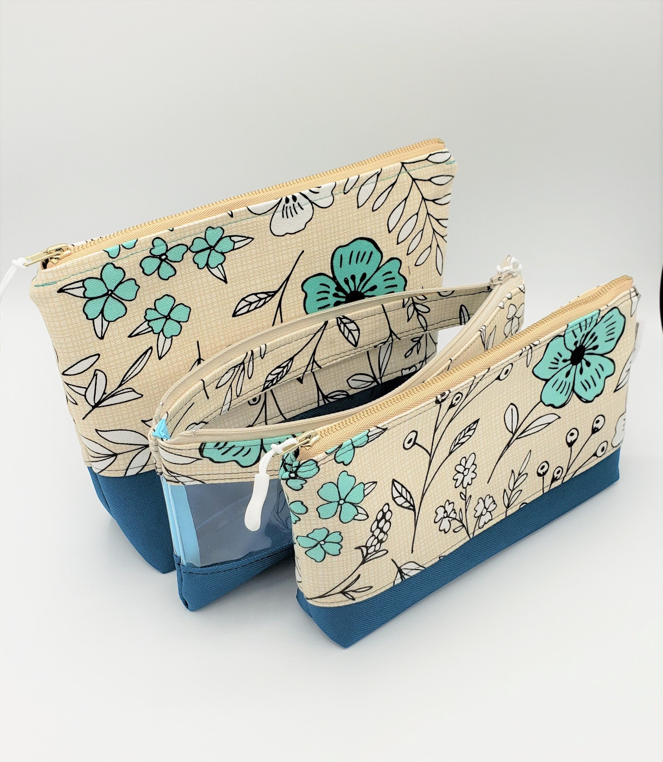 Zipper pouch teal floral teal water resistant canvas | Etsy