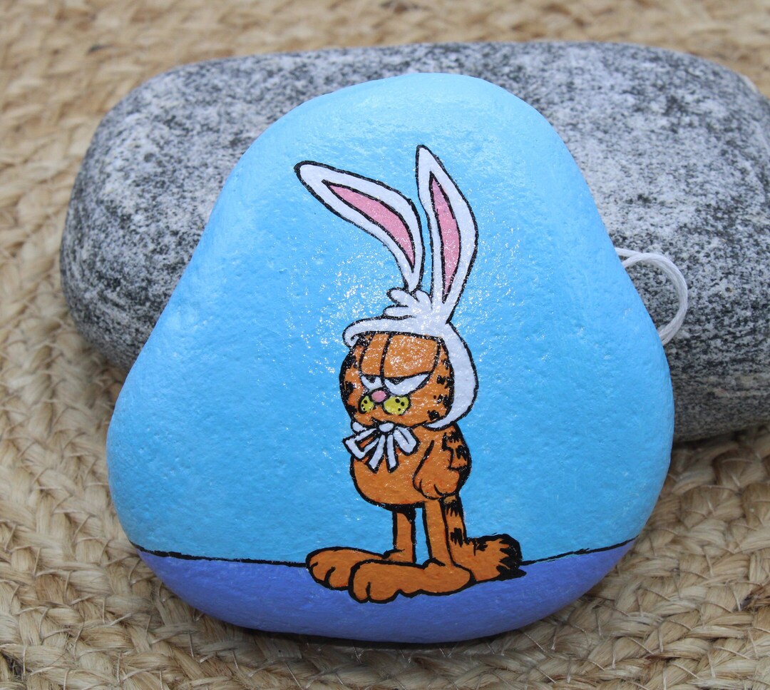 Adorable Garfield in Bunny Hat Hand Painted Art Rock Rockn Palette - Etsy