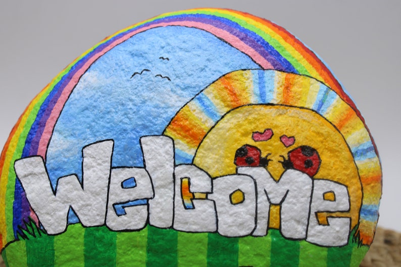 Hand Painted Welcome Art Rock~ Lady Bug/ Love/ Rainbow~ Stone~ Garden ...