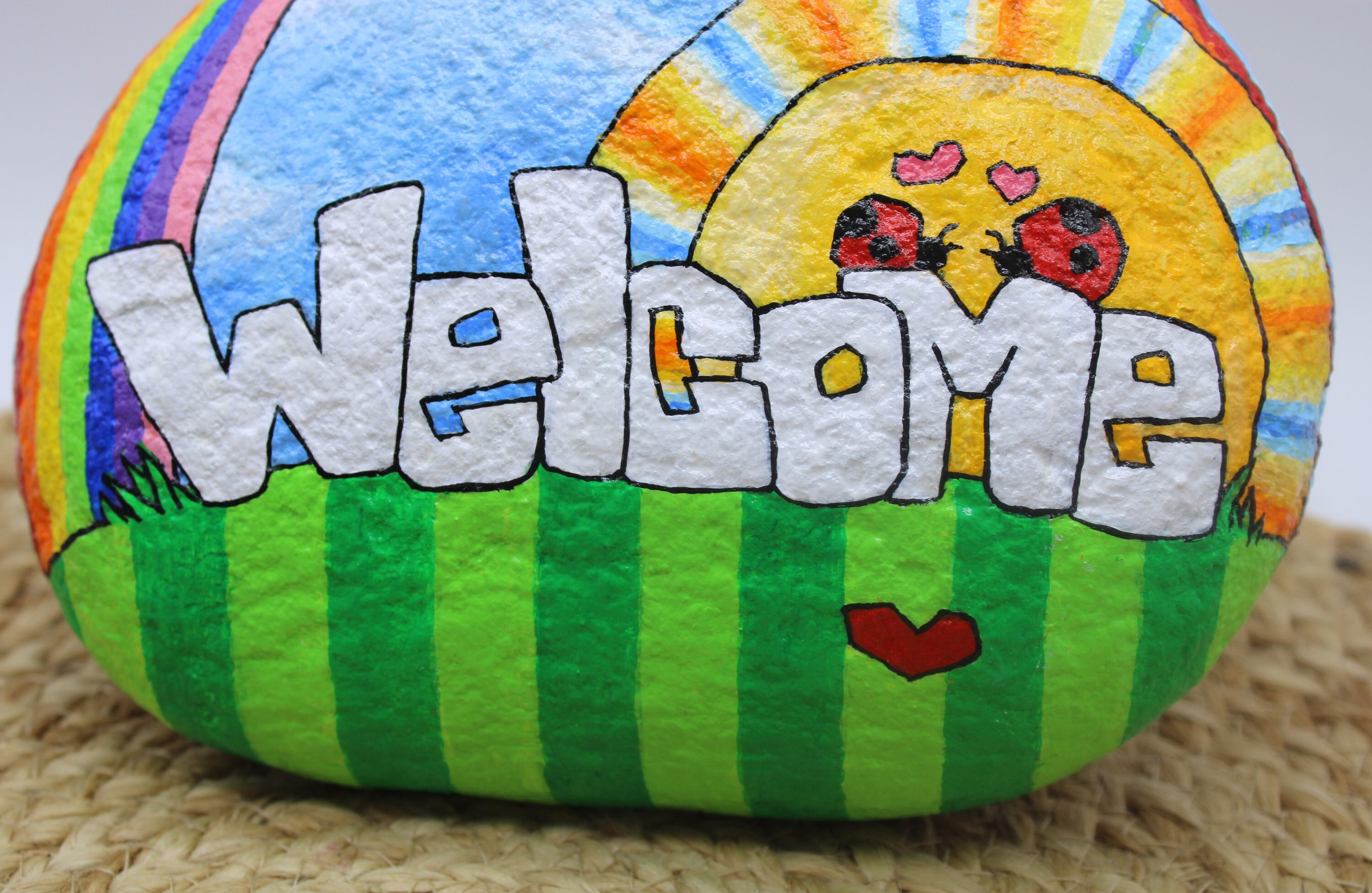 Hand Painted Welcome Art Rock~ Lady Bug/ Love/ Rainbow~ Stone~ Garden ...