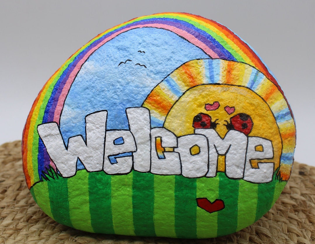 Hand Painted Welcome Art Rock~ Lady Bug/ Love/ Rainbow~ Stone~ Garden ...