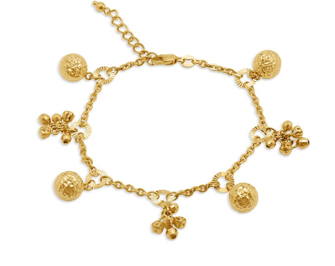 18k Solid Yellow Gold Charm Bracelet, Ball and Beads Charms, Oval Chain ...