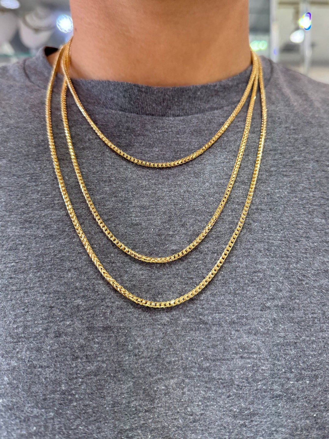 18k Solid Yellow Gold Franco Chain Necklace, 2.7MM Diamond Cut Franco ...