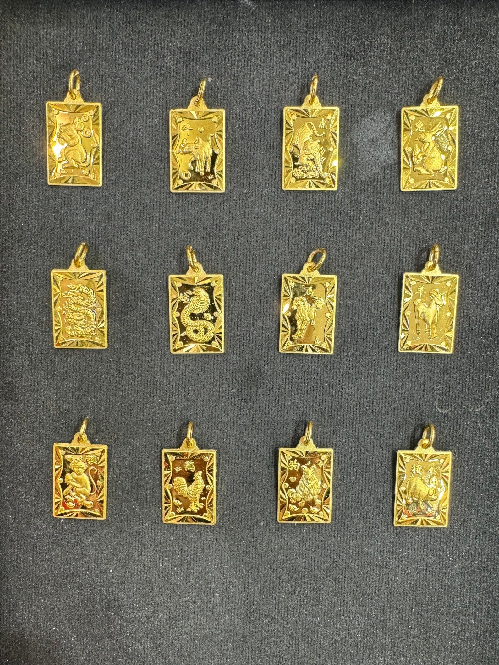 24k Solid Yellow Gold Zodiac Rectangle Pendant, Chinese Character ...
