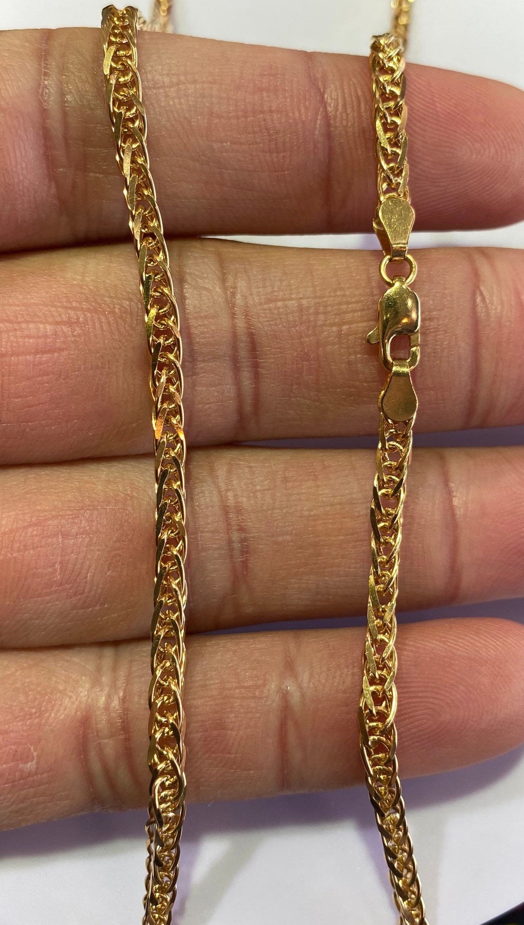 18k Solid Yellow Gold Wheat Chain Necklace, Real 18k Spiga Woven Link ...