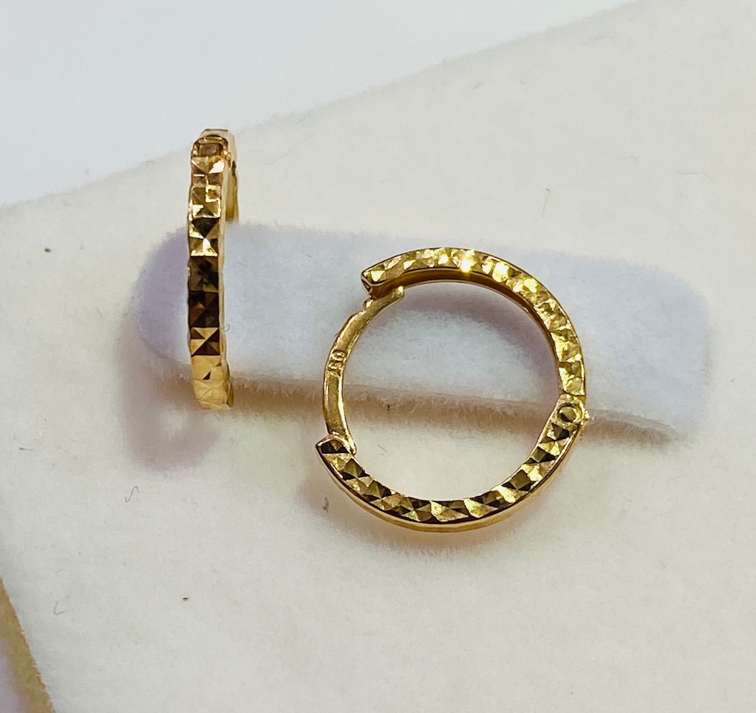 18k Solid Gold Hoop Huggie Earrings Diamond Cut 10MM , Dainty Hoop ...