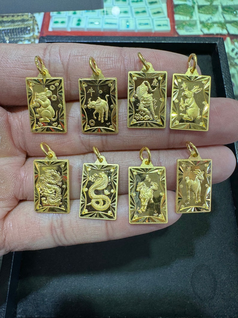 24k Solid Yellow Gold Zodiac Rectangle Pendant, Chinese Character ...