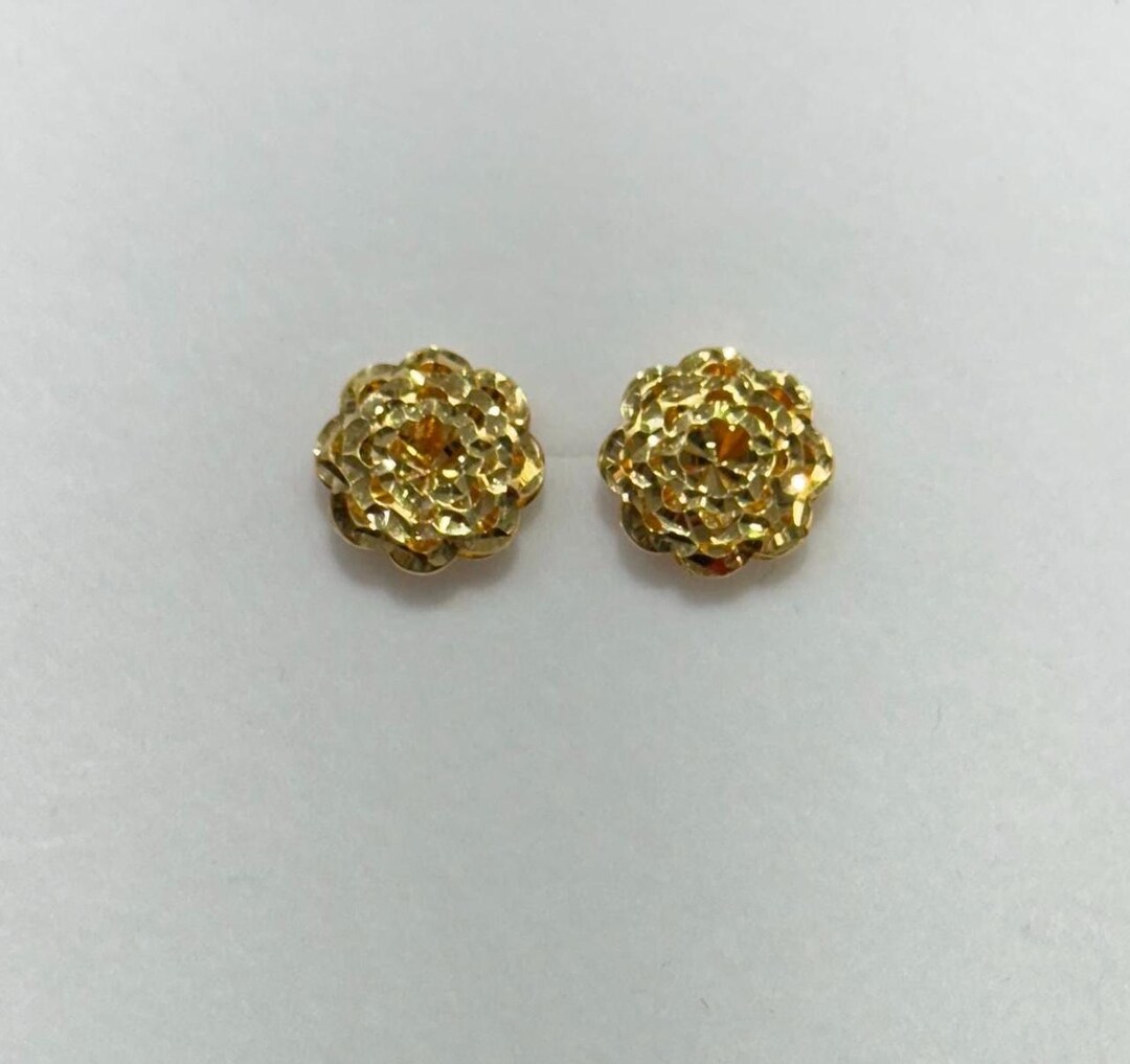 18k Solid Gold Stud Earrings 13.5MM , Shiny Pattern Studs in 18k Real ...