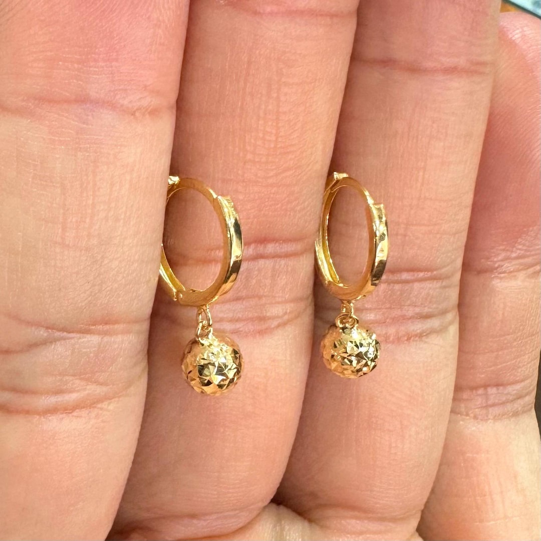 18k Solid Gold Dangle Hoops, 10mm Small Huggies Hoops With Charms in ...