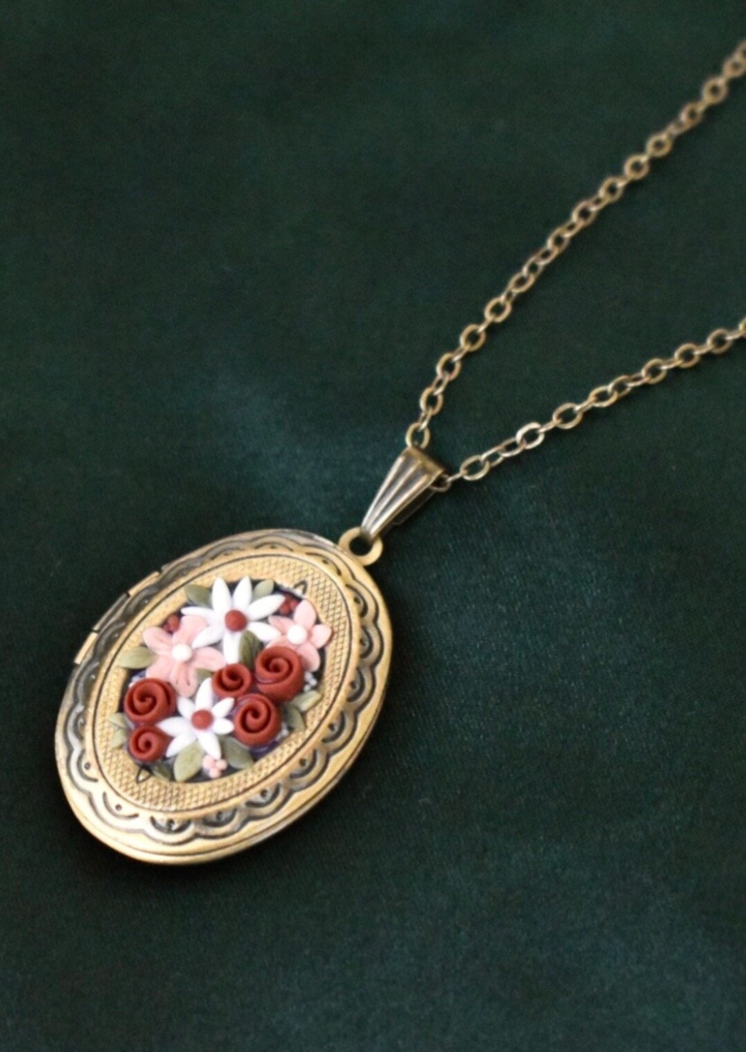 Vintage Photo Locket Floral From Polymer Clay, Antique Vintage Necklace ...