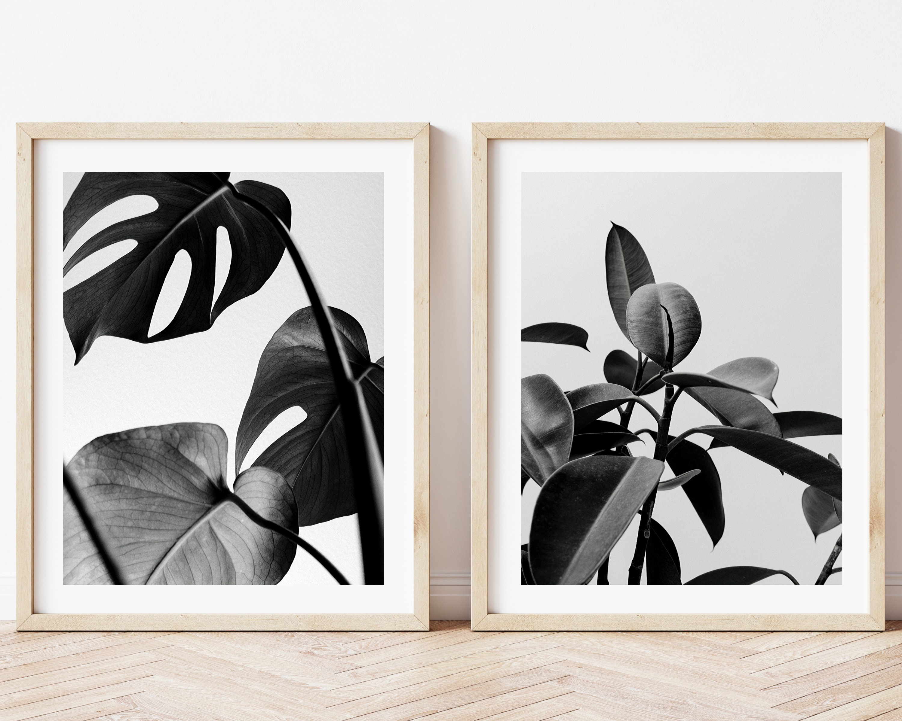 Set of 2 Leaf Prints Foliage Green Wall Art, Black and White Monstera ...
