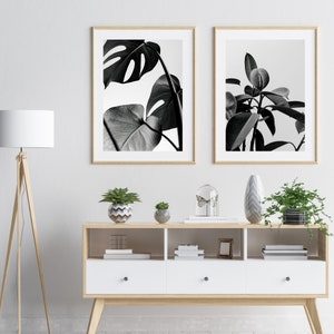 Set of 2 Leaf Prints Foliage Green Wall Art, Black and White Monstera ...