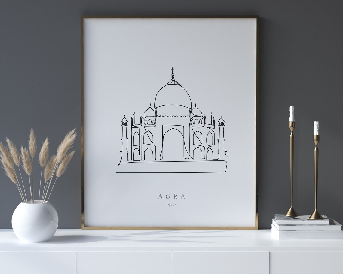 Agra India Wall Art, Taj Mahal Line Art, Minimalist, Line Drawing ...