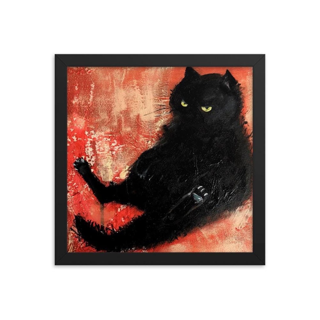 Framed Black Cat Painting Print Impasto Oil Painting Cat Original Art ...