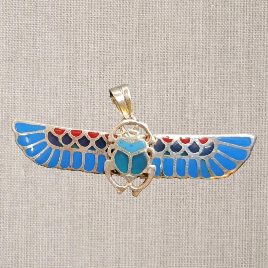 Silver Winged Sun Disk Pendant: Egyptian Revival Gemstone Necklace - Etsy