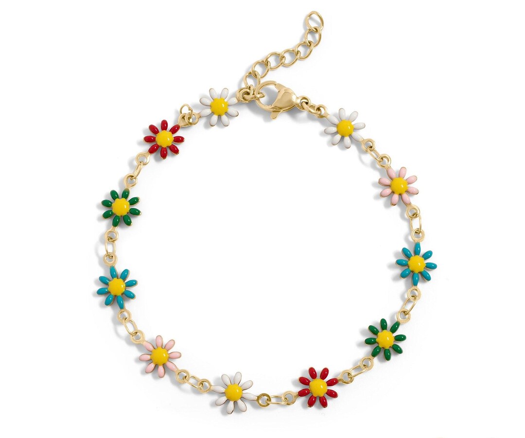 Gold Flower Bracelet - Colorful Enamel, Delicate Chain - Etsy