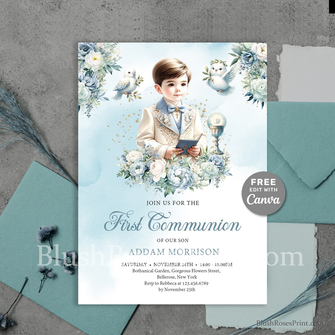 Editable Boy First Communion Invitation Template Watercolor Dusty Blue ...