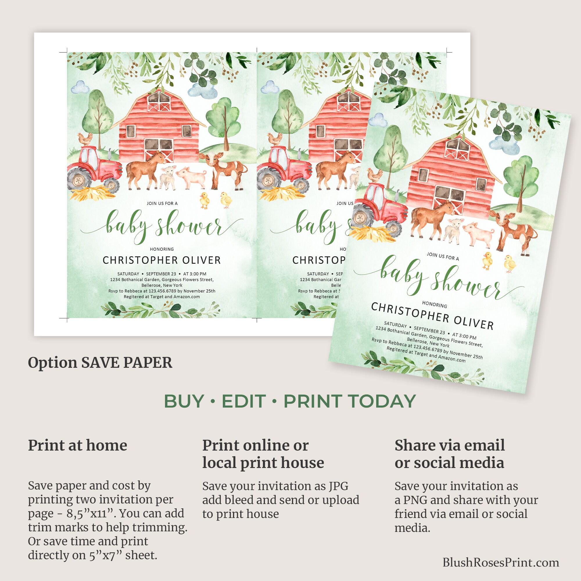 Farm Animals Baby Shower Invitation Template Fully Editable | Etsy