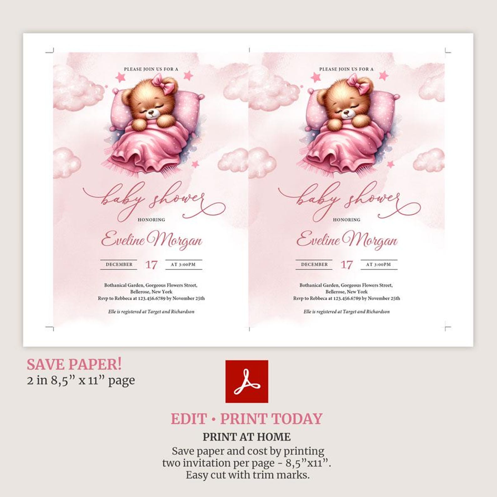 Editable Sleeping Teddy Bear Baby Shower Invitation, Girl Teddy Bear ...