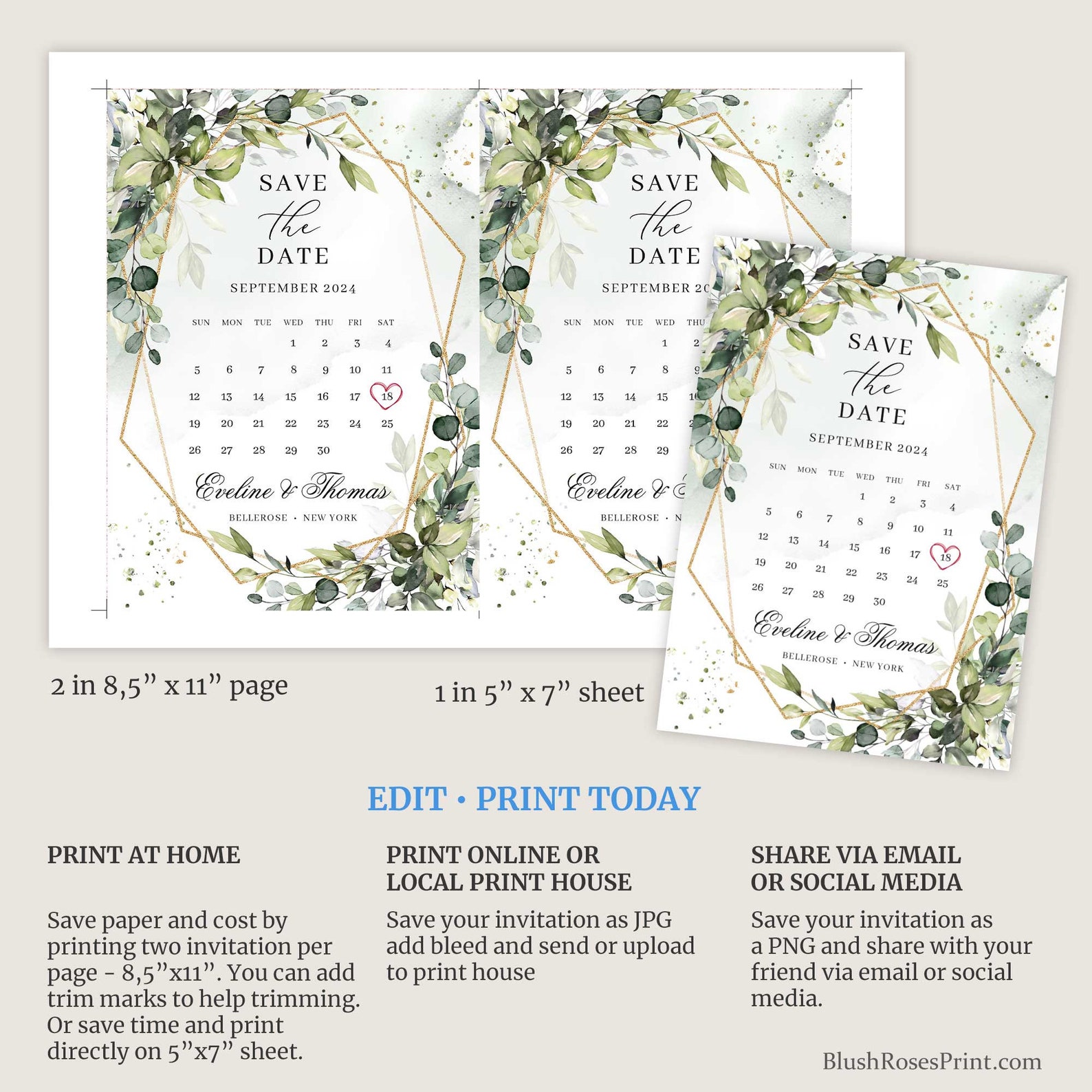 Greenery Eucalyptus Save the Date Template Month Calendar - Etsy