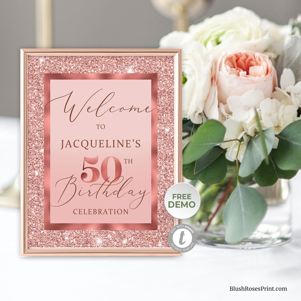 Rose Gold 50th Birthday Welcome Sign Rose Gold Sign Template | Etsy