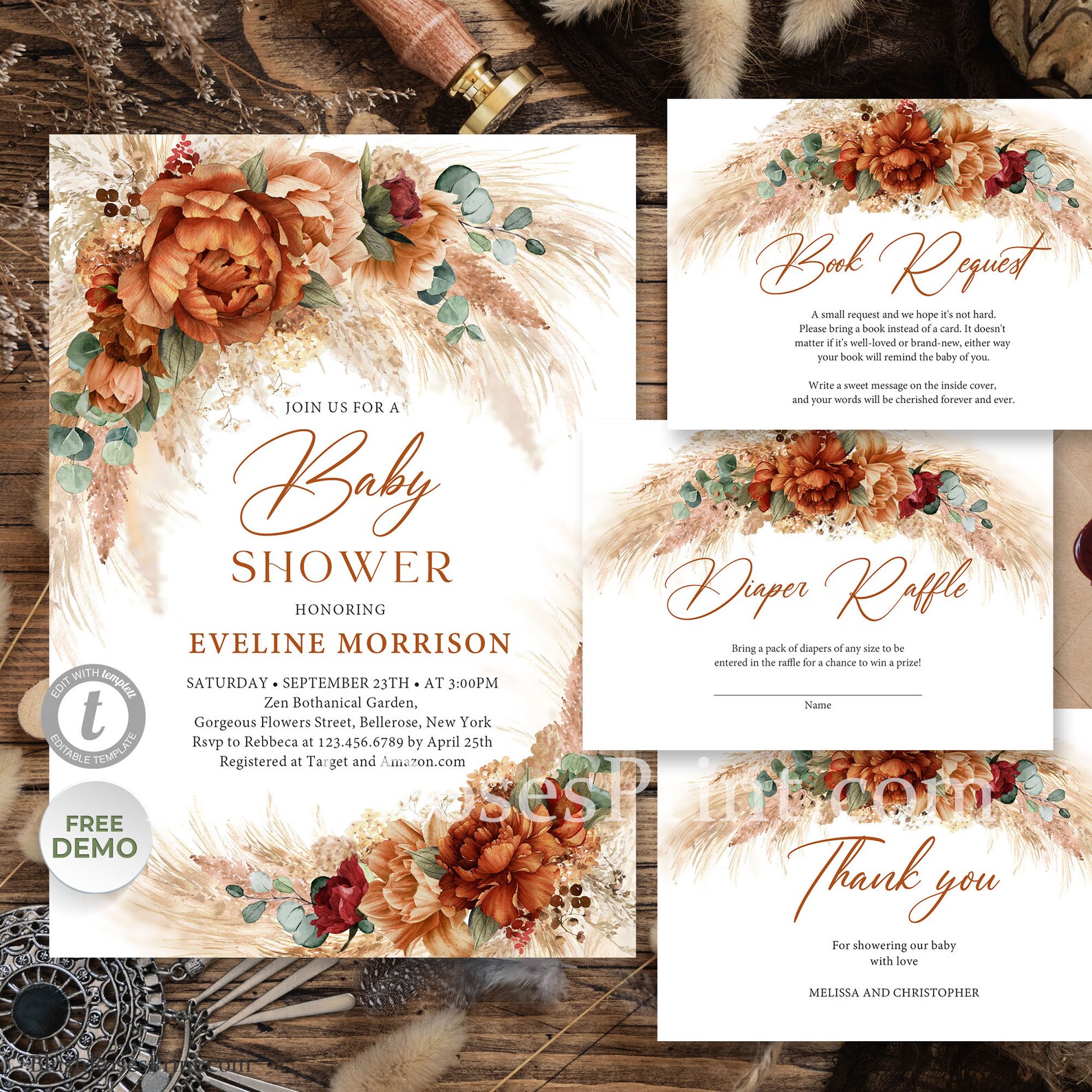 Terracotta Baby Shower Invitation Template, Boho Tropical Pampas Grass ...