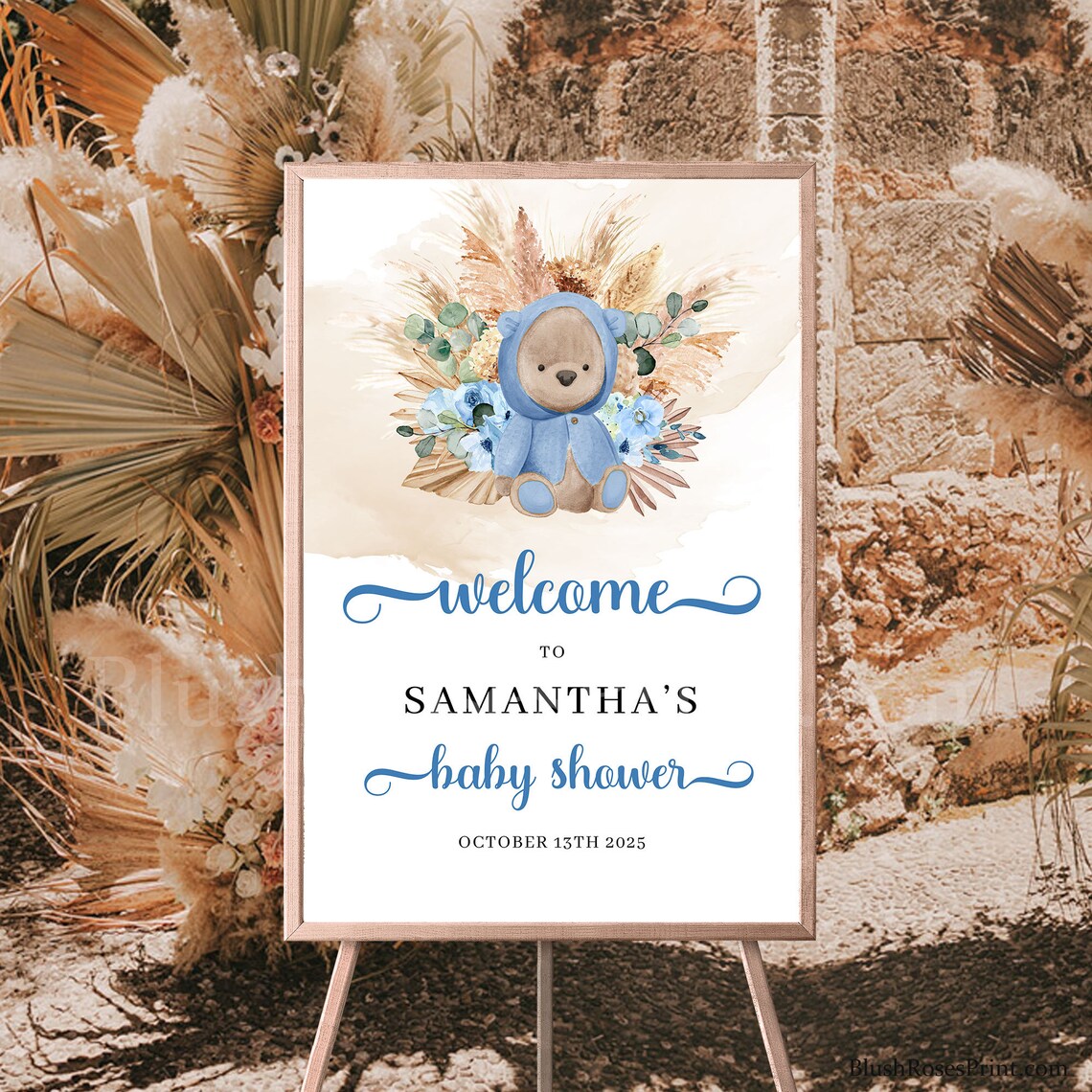 Boy Teddy Bear Welcome Sign Template Tropical Pampas Grass - Etsy