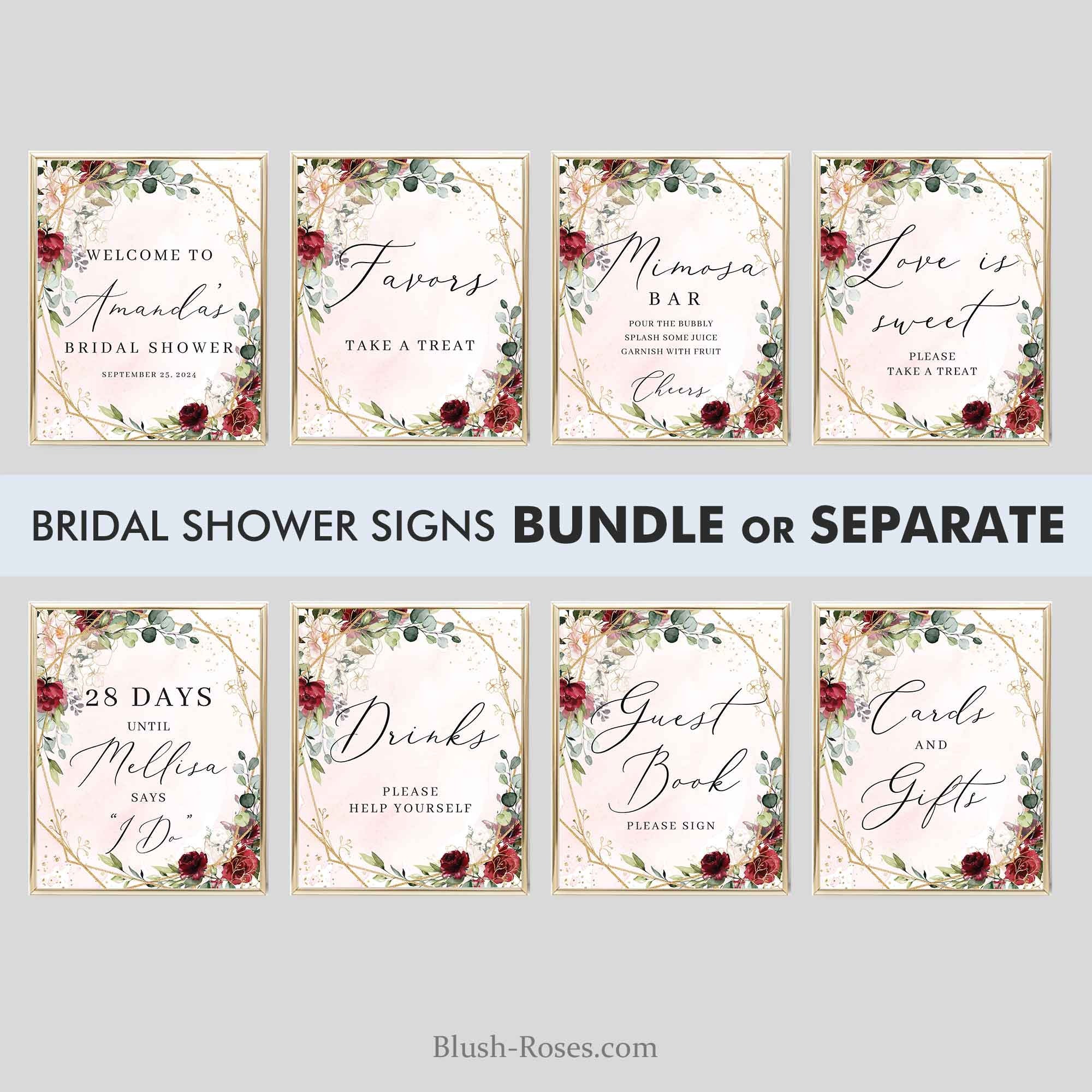 Lush Burgundy Floral Signs Bundle Set Printable Bridal Shower | Etsy