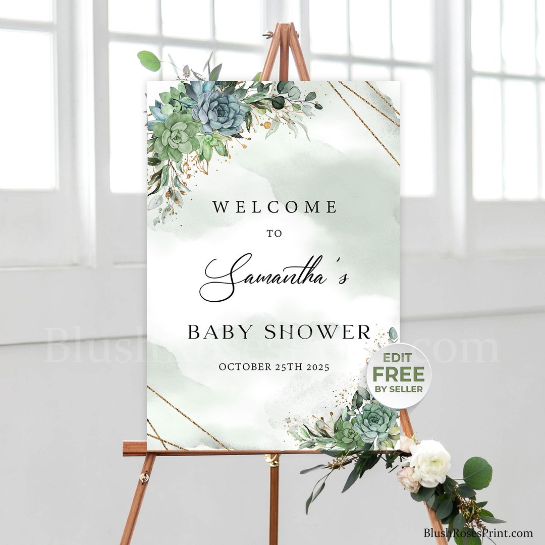 Succulents Baby Shower Welcome Sign Template, Boho Greenery Foliage ...