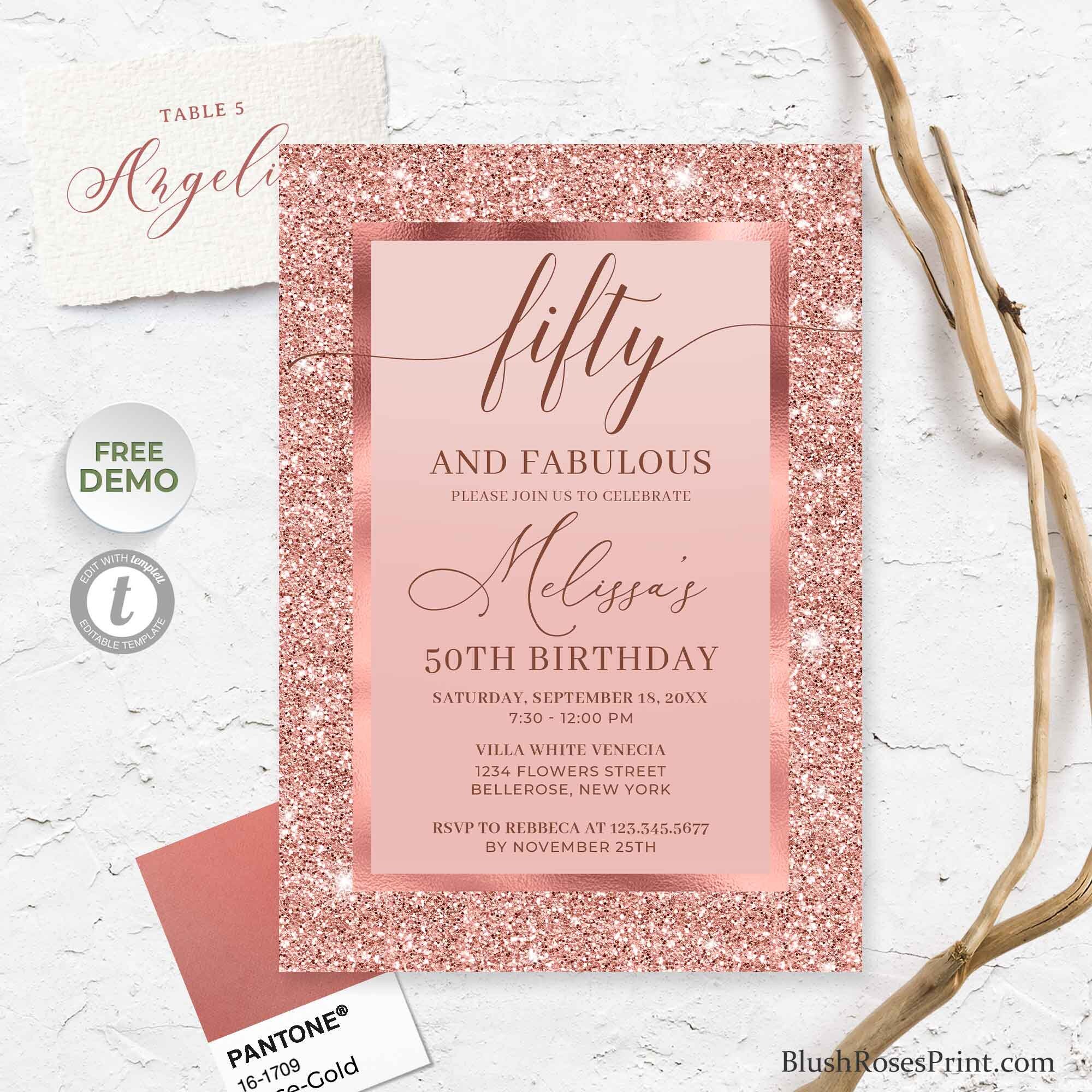 Rose Gold Fifty and Fabulous Invitation Editable 50th | Etsy