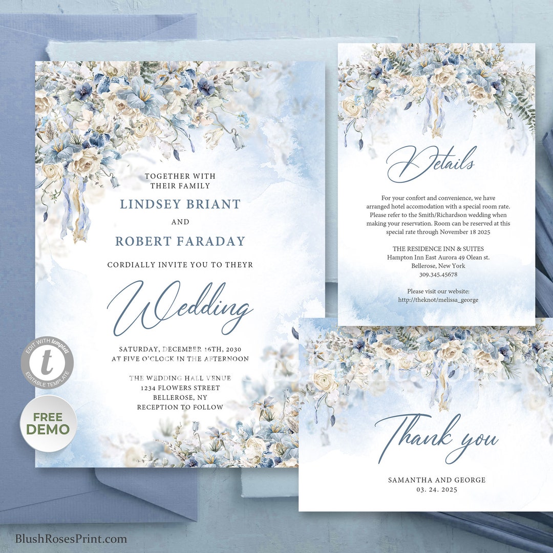 Winter Wedding Invitation Template, Dusty Blue and White Flowers , Edit ...