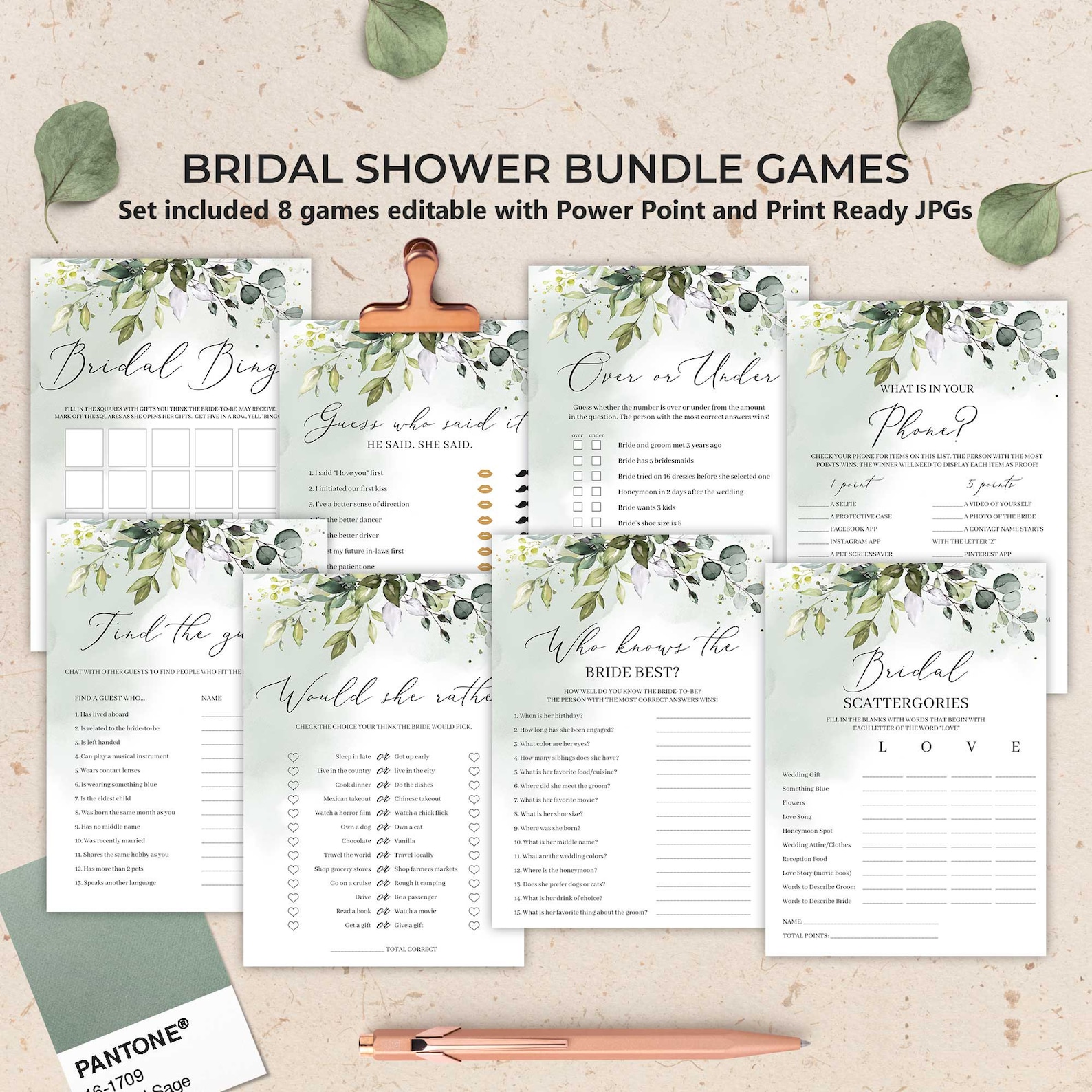 Boho Bridal Shower Games Bundle, Editable Games Set, Greenery Foliage ...