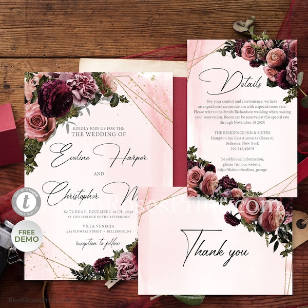 Burgundy Wedding Invitation - Etsy