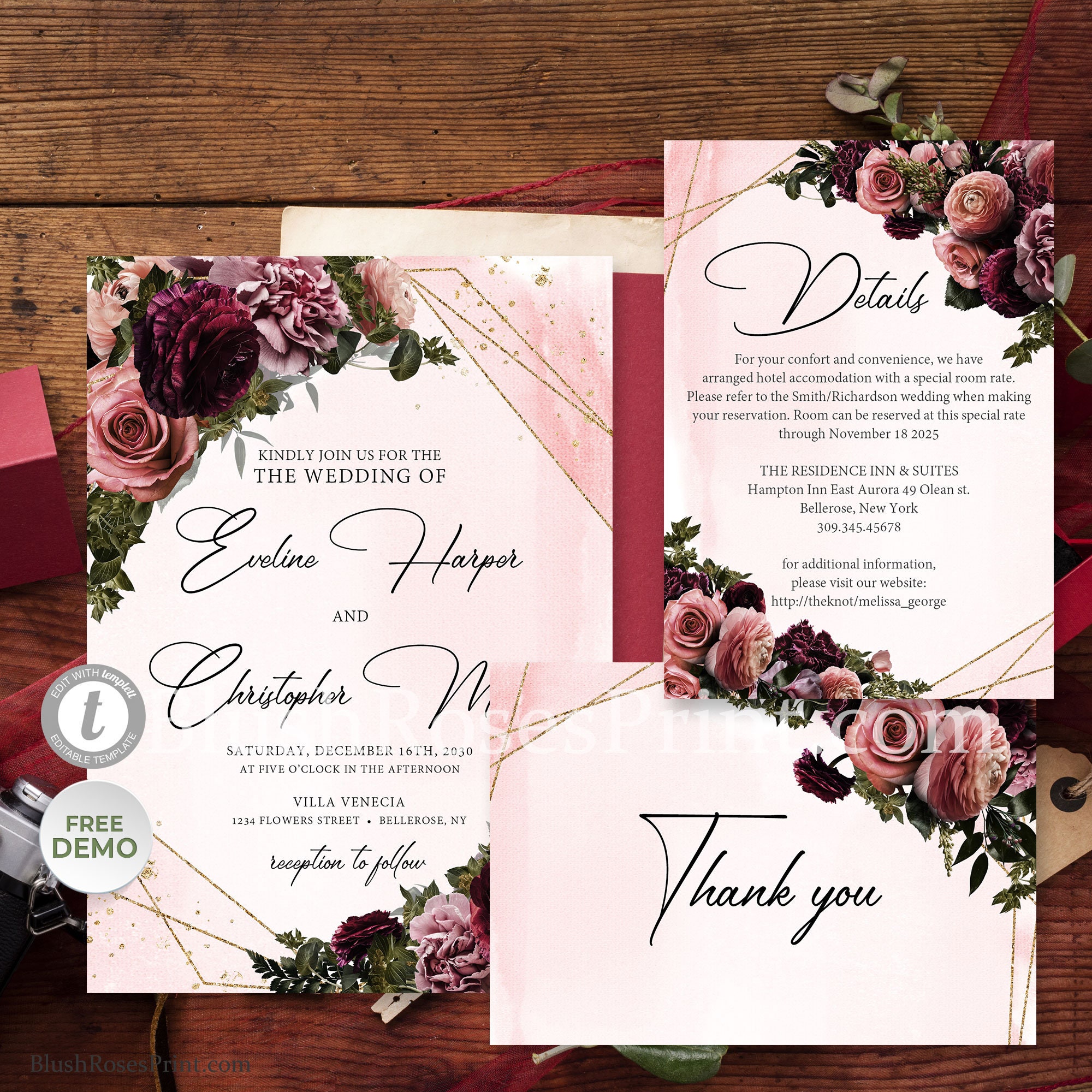 Burgundy Maroon Blush Pink Floral Invite Printable OR Printable Boho ...