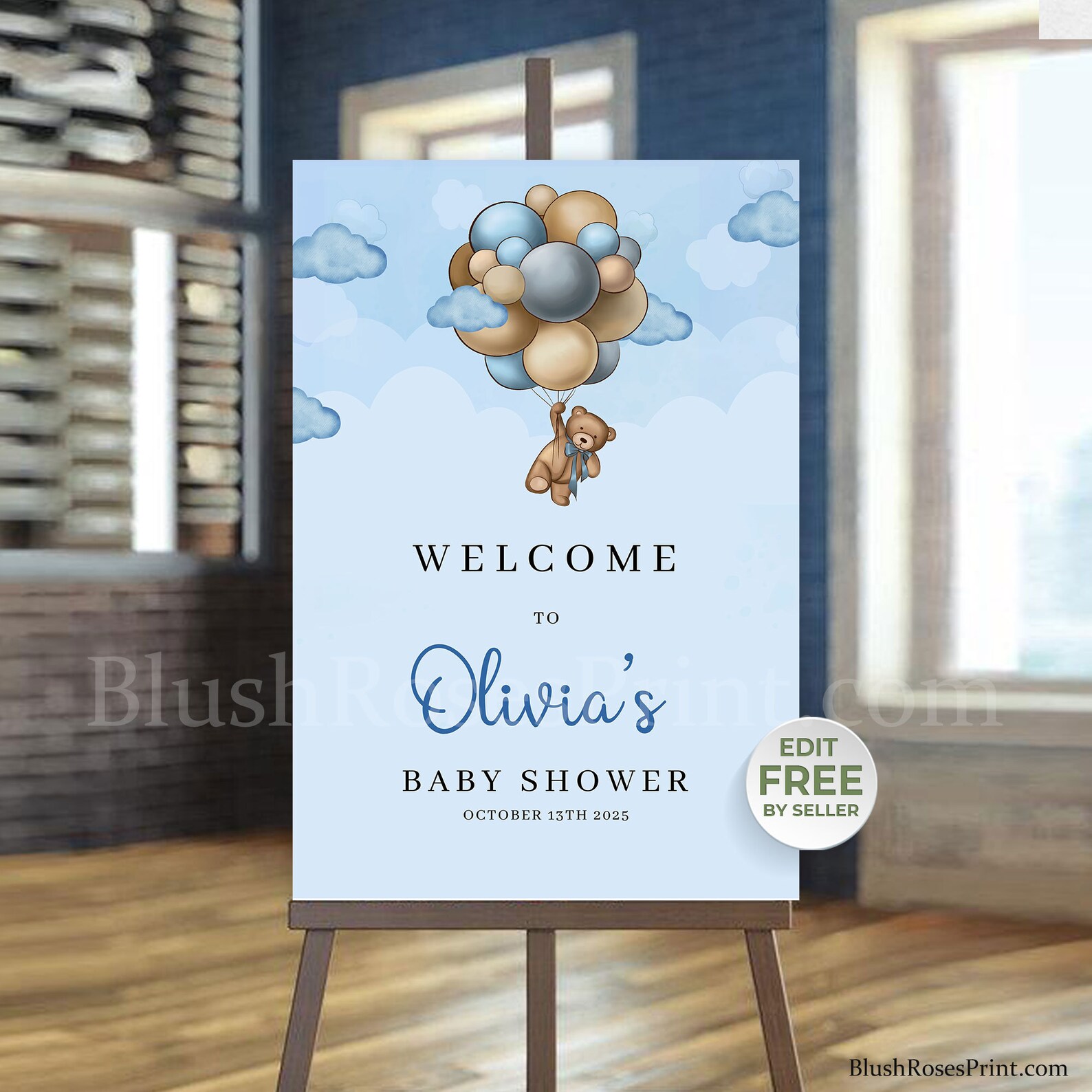 Teddy Bear Baby Shower Welcome Sign Template Blue and Brown - Etsy