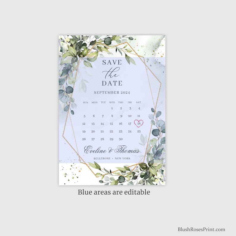 Greenery Eucalyptus Save the Date Template Month Calendar - Etsy