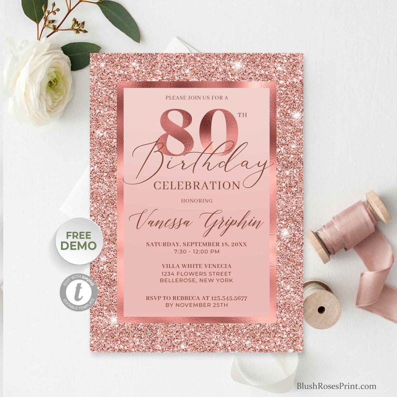 80th Birthday Invitation Rose Gold Editable Birthday - Etsy
