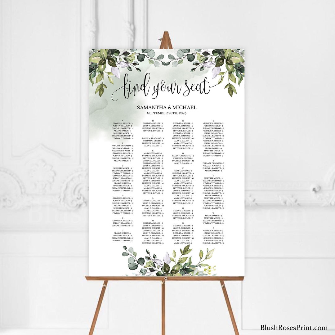 Boho Greenery Alphabetical Seating Chart, Editable Seating Plan, Find ...