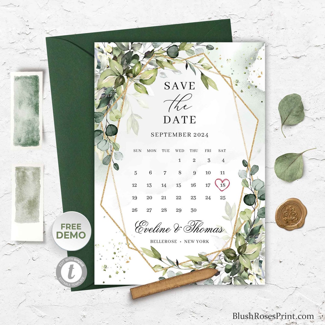 Greenery Eucalyptus Save the Date Template, Month Calendar Save the ...