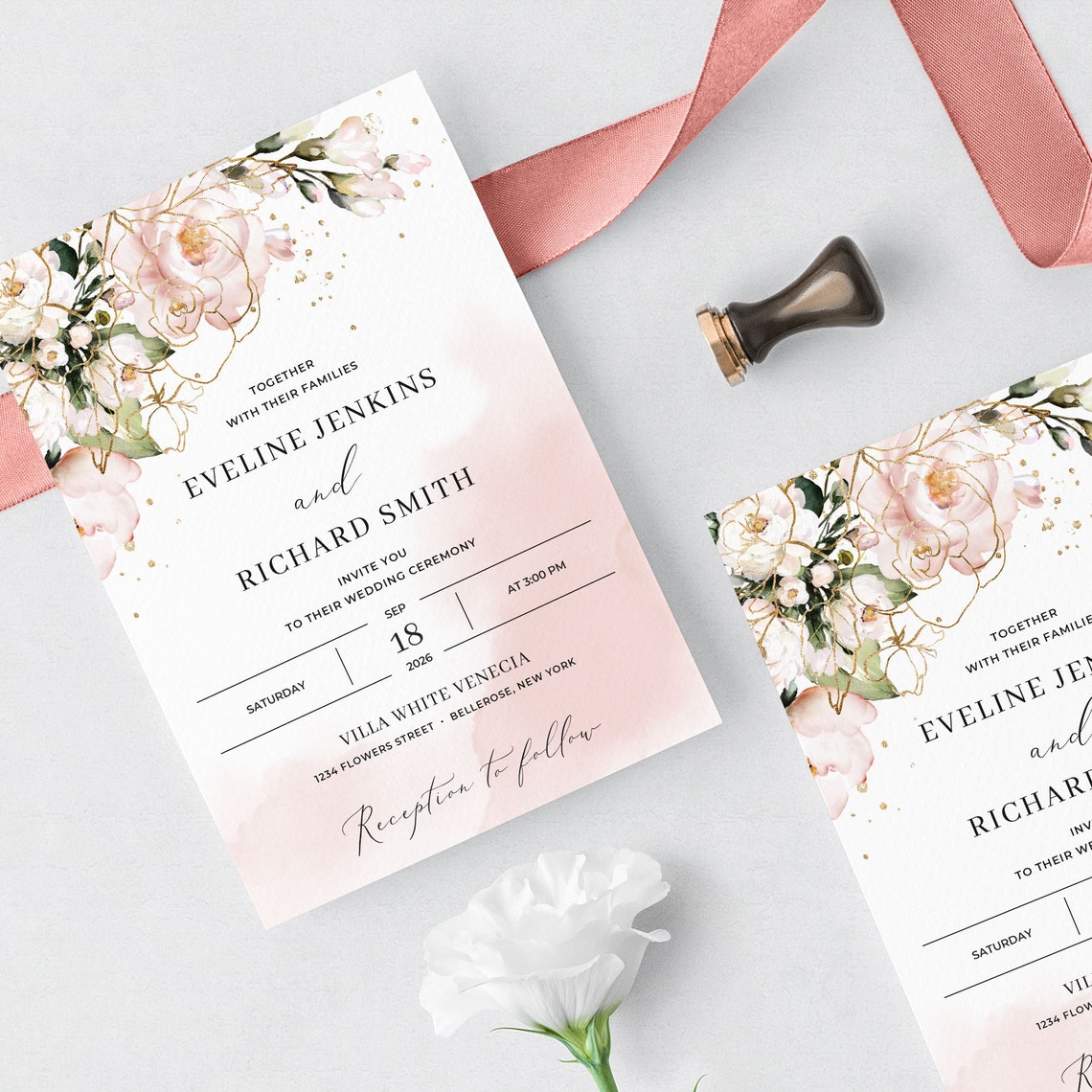 Blush Wedding Invitation Suite, DIGITAL DOWNLOAD, Boho Pink and Gold ...