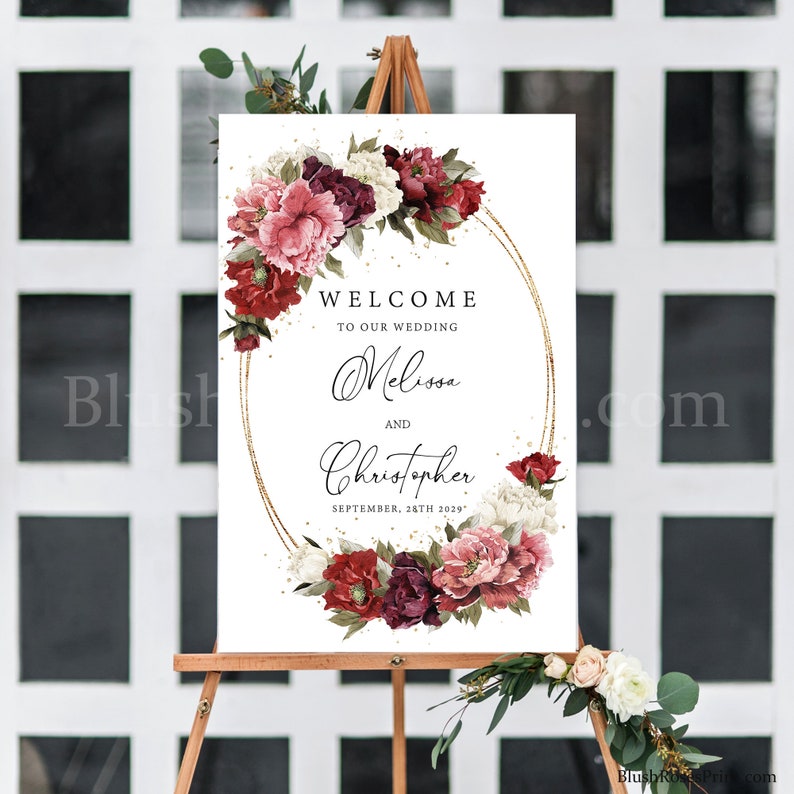 Burgundy and Blush Welcome Sign Template Editable Wedding - Etsy