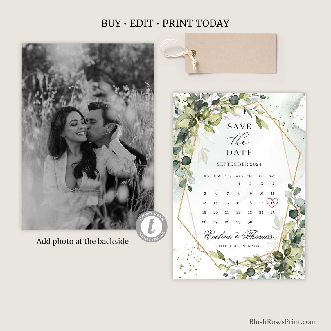 Greenery Eucalyptus Save the Date Template Month Calendar - Etsy